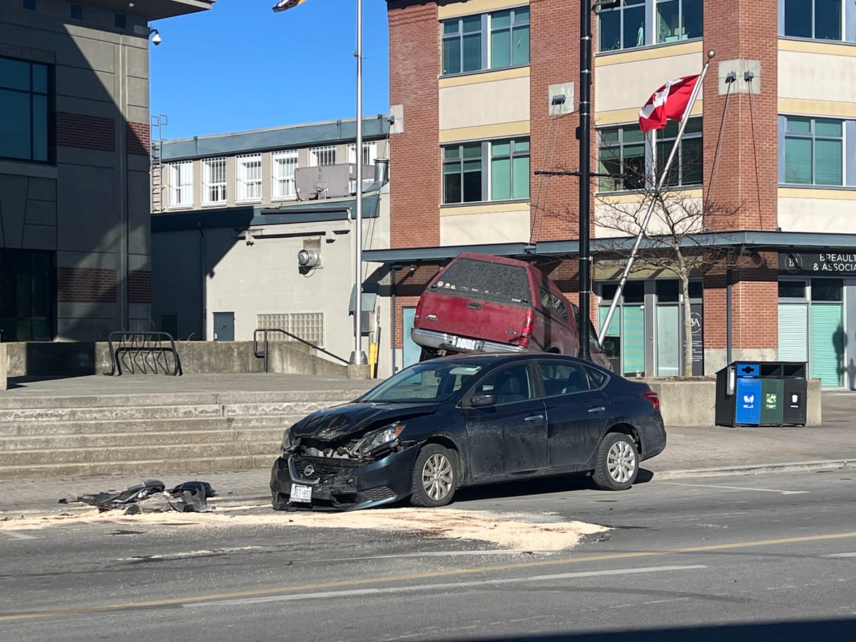 Truck ends up on Chilliwack courthouse steps after dramatic crash ...